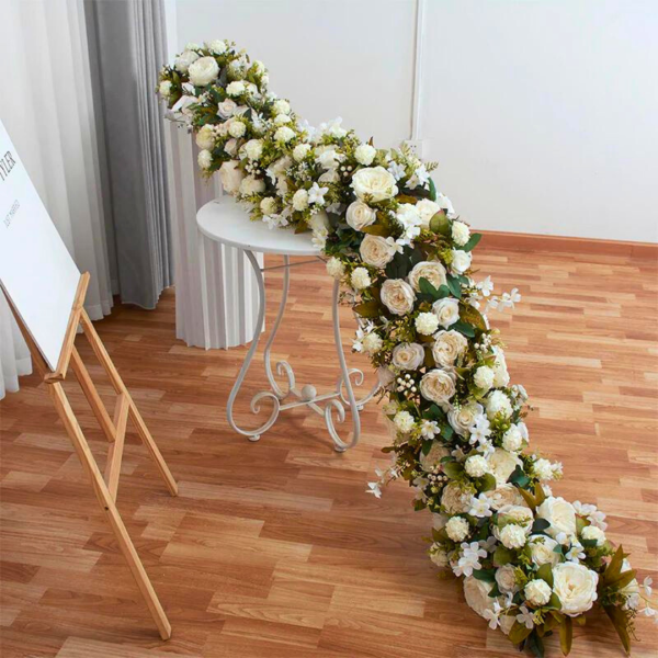 LUXE White Rose with Greenery Mixed Table Runner - 78 Inches