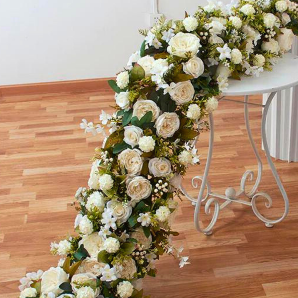 LUXE White Rose with Greenery Mixed Table Runner - 78 Inches