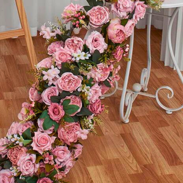 LUXE Pink Rose with Greenery Mixed Table Runner - 78 Inches
