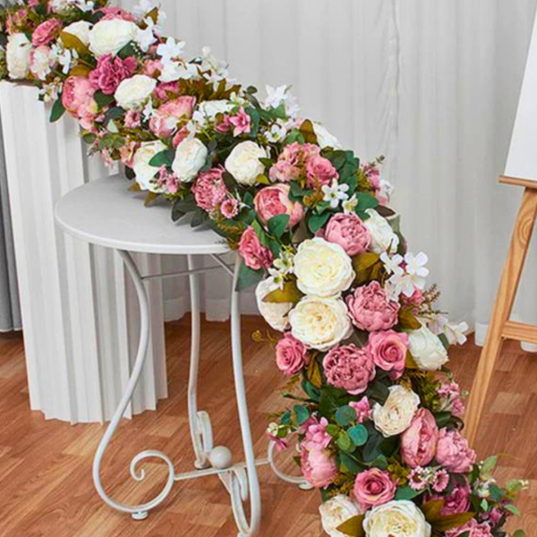 LUXE Pink & White Rose with Greenery Mixed Table Runner - 78 Inches