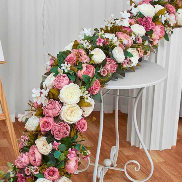 LUXE Pink & White Rose with Greenery Mixed Table Runner - 78 Inches