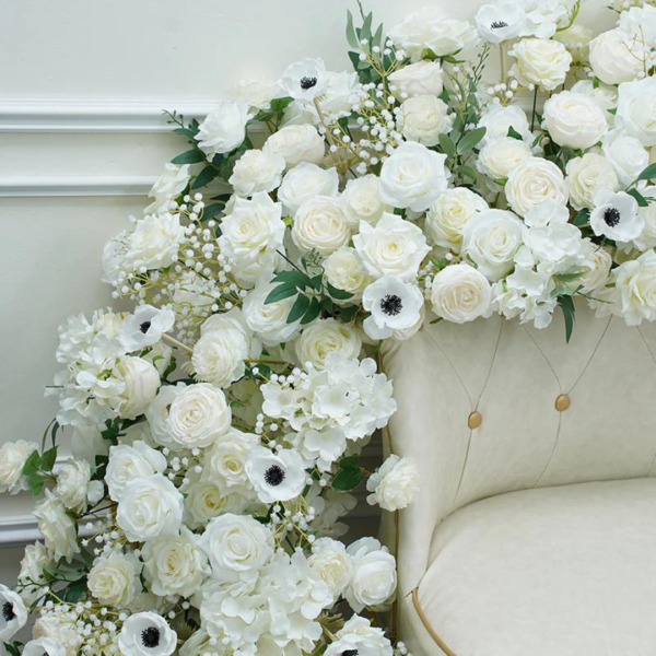 LUXE White Rose, Babysbreath & Poppy Mixed Table Runner - 87 Inches