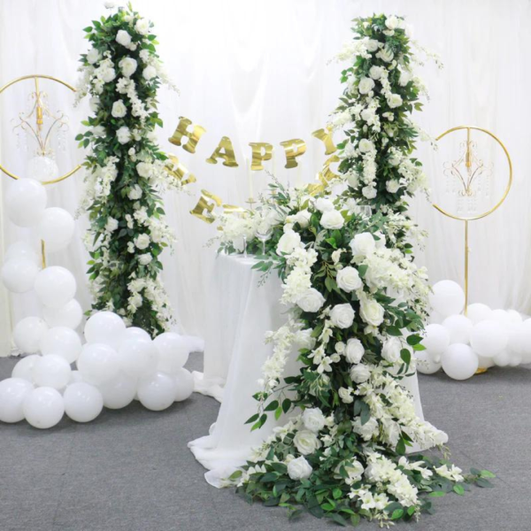 LUXE White Rose, Delphinium & Greenery Mixed Table Runner - 83 Inches