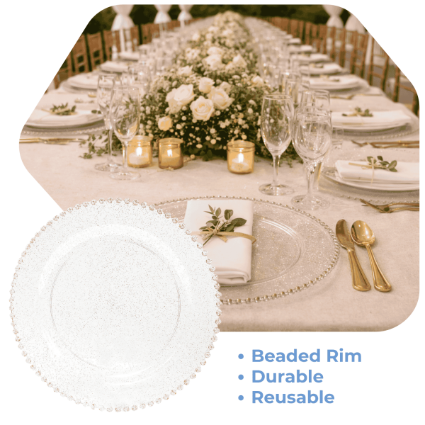 13 Clear with Gold Glitter Round Beaded Rim Charger Plates – 10 Pieces ...