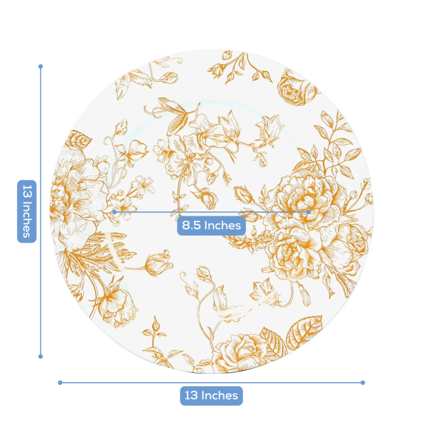 13 White with Gold Floral Print Round French Toile Charger Plates – 6 ...