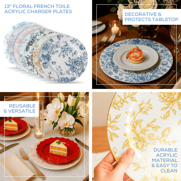 13 Clear with Light Blue Floral Print Round French Toile Charger Plates ...