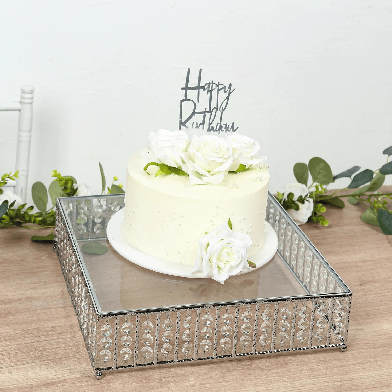 14 Inches Square – Crystal Cake Stand with Hanging Bead Accents & Glass ...