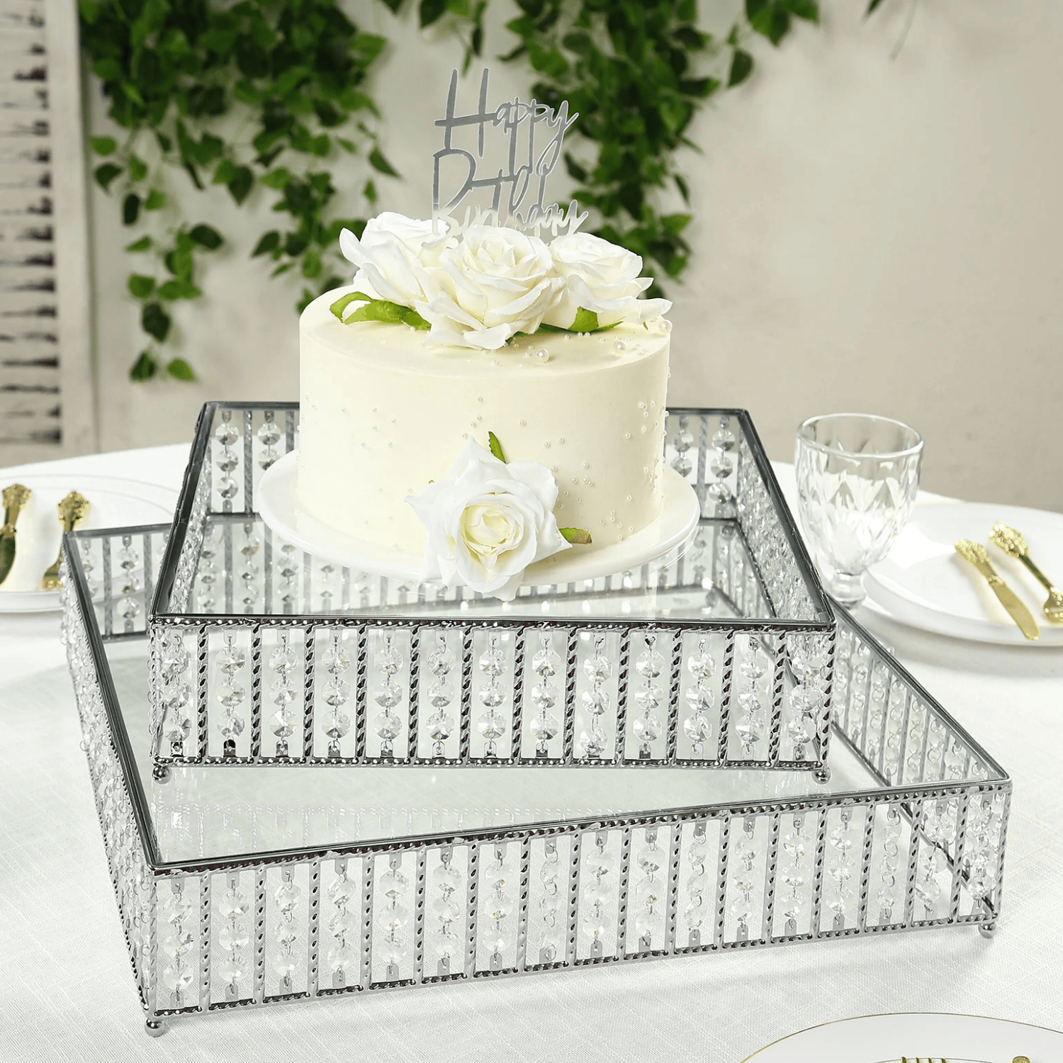 14 Inches Square – Crystal Cake Stand with Hanging Bead Accents & Glass ...